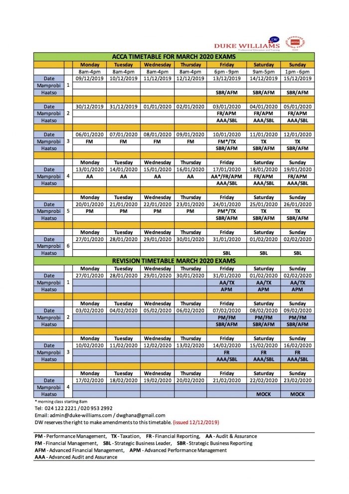 ACCA Timetable for March 2020 Exams – Duke Williams Ltd.